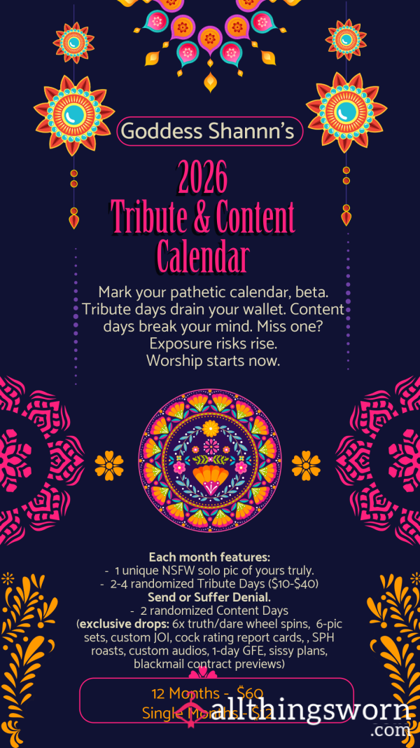 Goddess Shannns 2026 Tribute Content Calendar